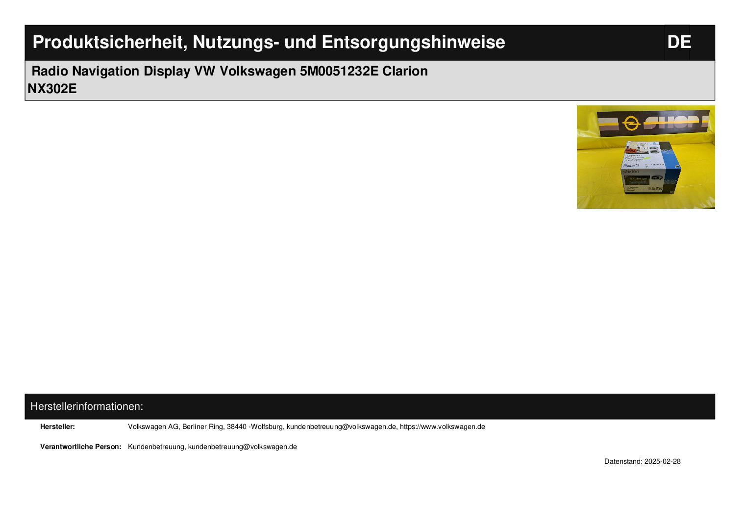 Radio Navigation Display VW Volkswagen 5M0051232E Clarion NX302E – OpelShop
