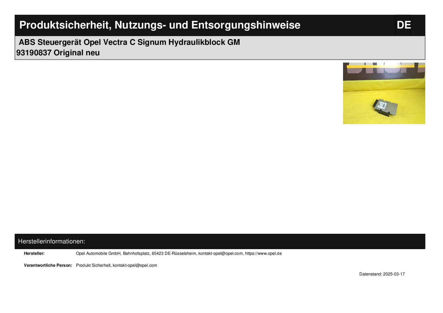 ABS Steuergerät Opel Vectra C Signum Hydraulikblock GM 93190837 ...